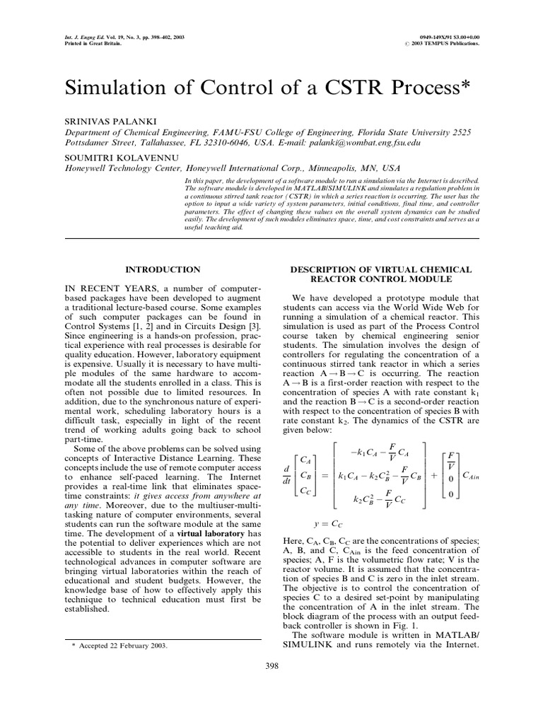 Simulation of Control of A CSTR Process | PDF | Control Theory | Simulation