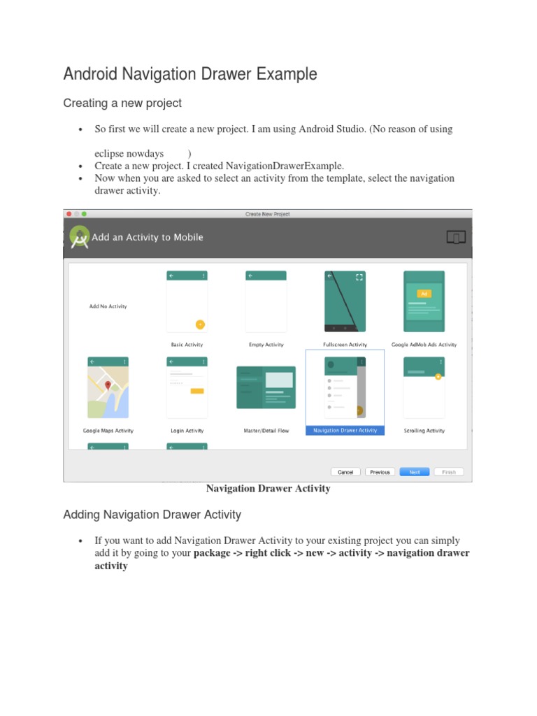 Android Navigation Drawer Example | PDF | Menu (Computing) | Java (Programming Language)