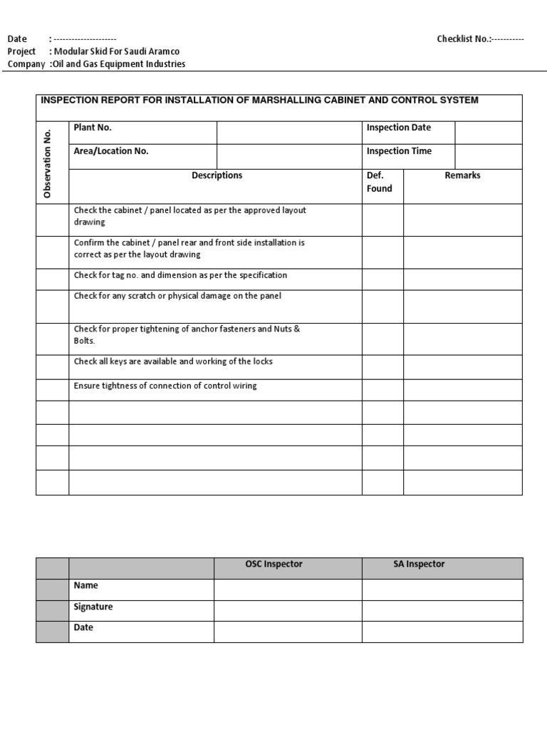 Inspection Report For Installation of Panel | PDF