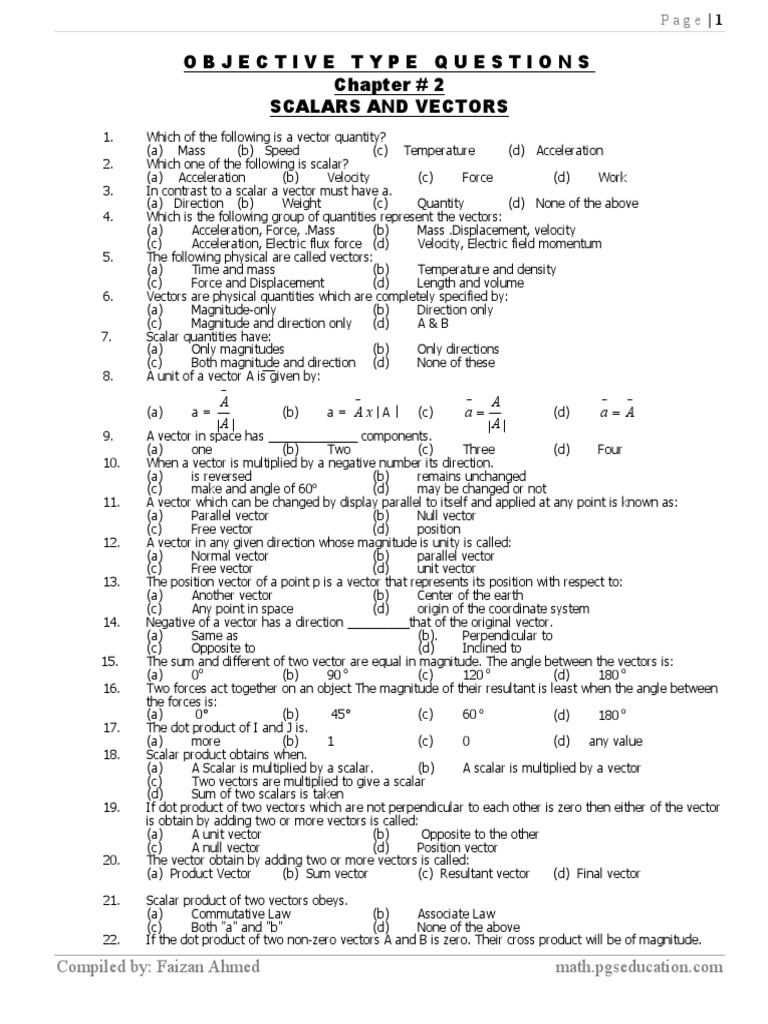 Objective Type Questions Chapter # 2 Scalars and Vectors: A A A A A ...