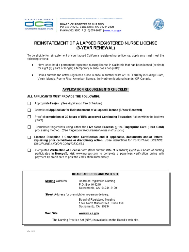 Reinstatement of A Lapsed Registered Nurse License (8-Year Renewal ...