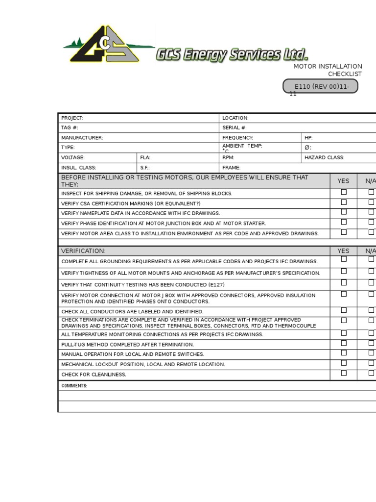 E110 - Motor Installation Checklist Rev 00 11.11 | Download Free PDF ...
