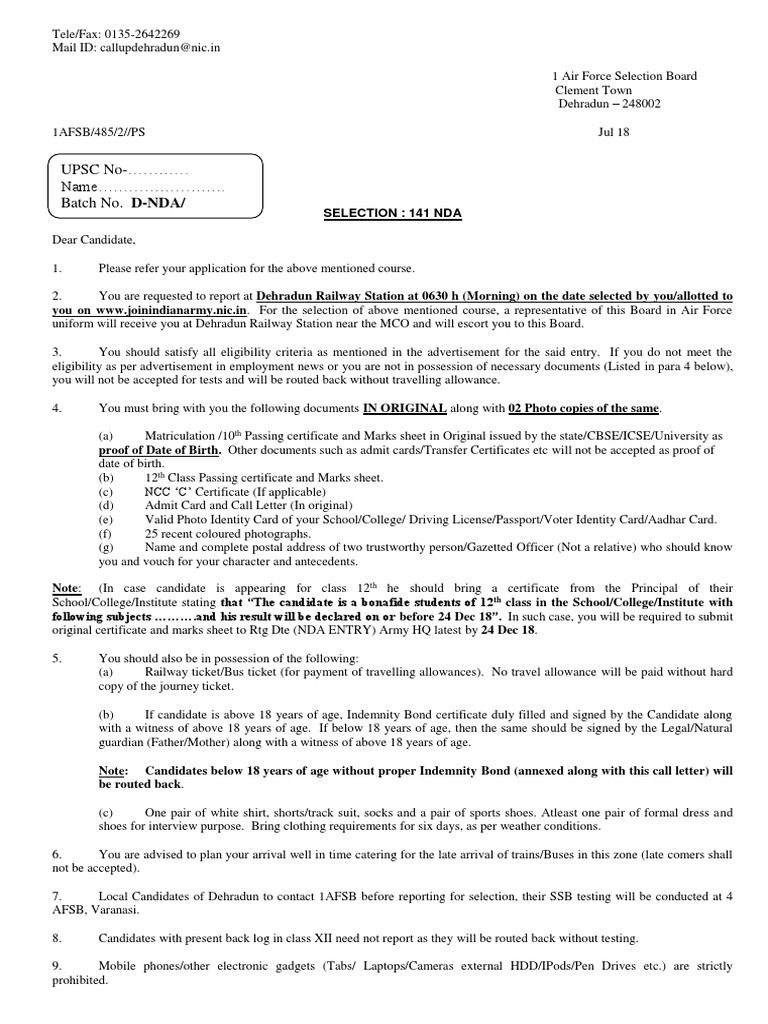 1 AFSB Call Letter | PDF | Identity Document | Business