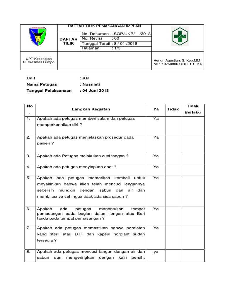 Daftar Tilik KB Kontrasepsi Implan | PDF | Sains & Matematika