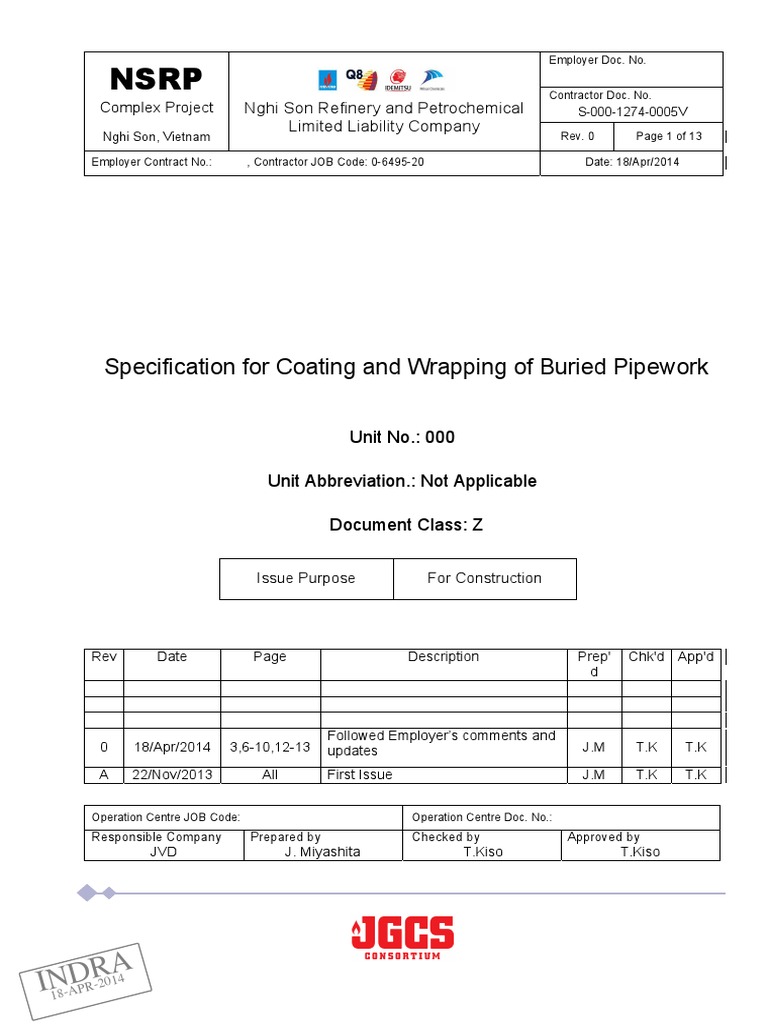 S-000-1274-0005V - 0 - 0010 Specification For Coating and Wrapping of Buried Pipework (Issued To ...