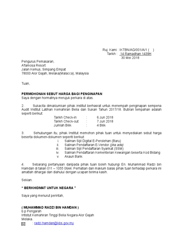 Contoh Surat Permohonan Sebut Harga | PDF