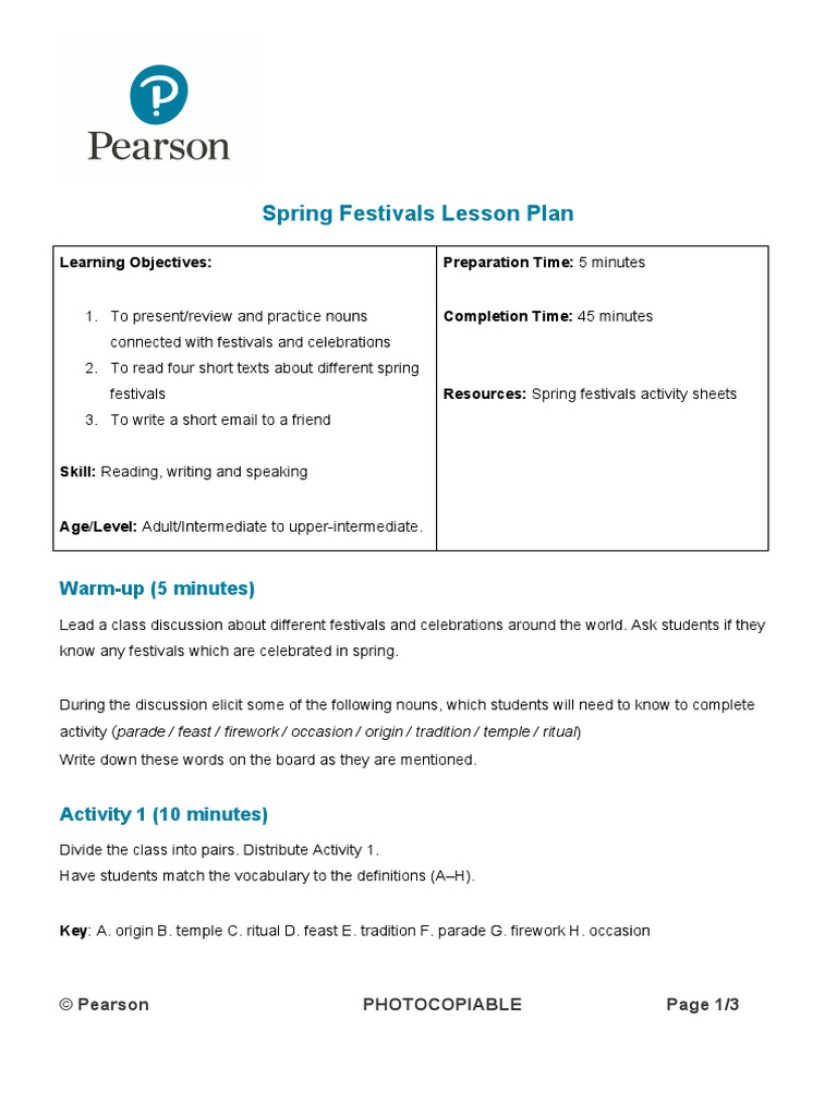 Spring Festivals Lesson Plan | PDF | Festival | Linguistics