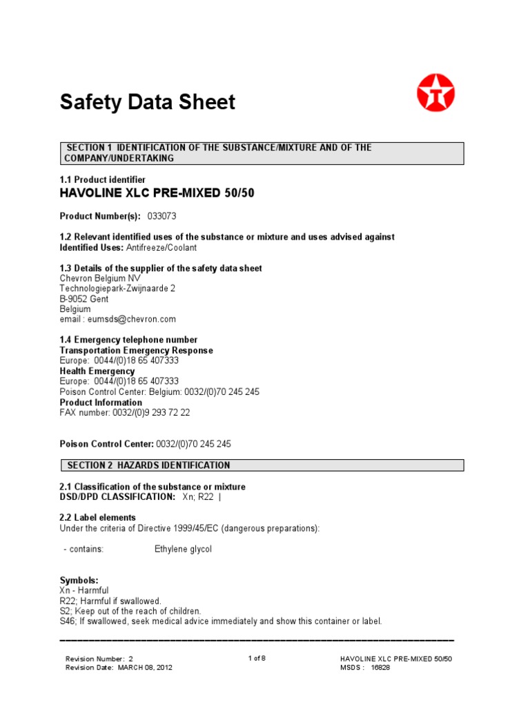 Havoline XLC 50-50 | Download Free PDF | Dangerous Goods | Toxicity