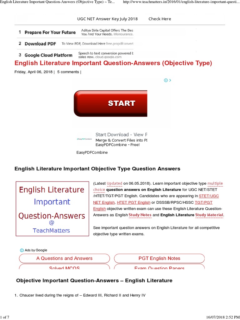English Literature Important Question-Answers (Objective Type ...