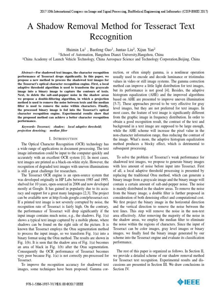 A Shadow Removal Method For Tesseract Text Recognition | PDF | Optical ...