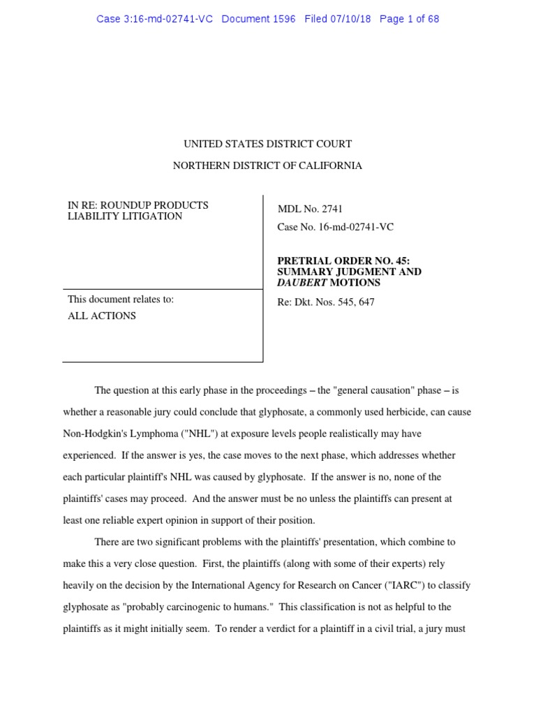 Roundup Daubert Order | PDF | Daubert Standard | Daubert V. Merrell Dow ...