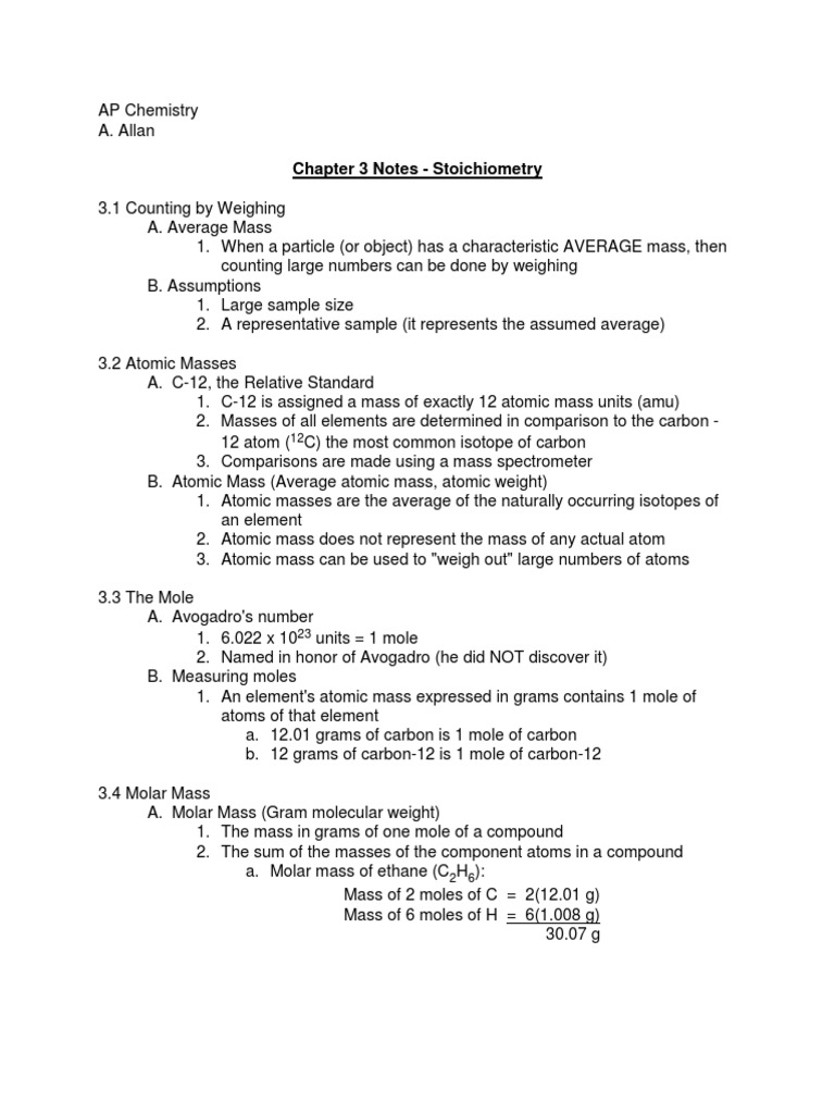 Chapter 3 Notes - Stoichiometry | PDF | Mole (Unit) | Stoichiometry