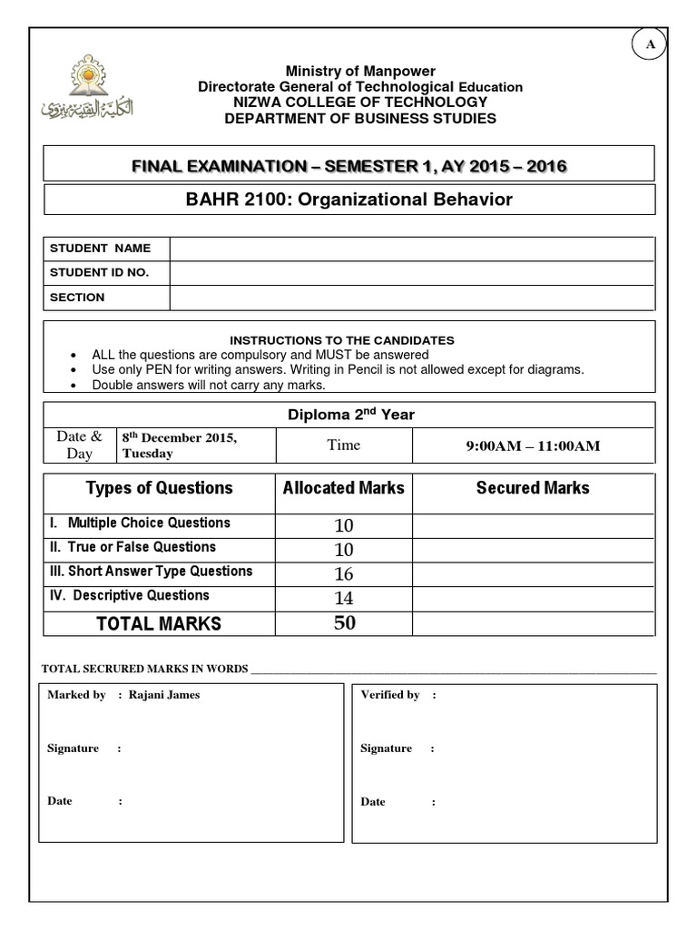 Model Final Exam - Organisational Behaviour | PDF | Social Psychology ...