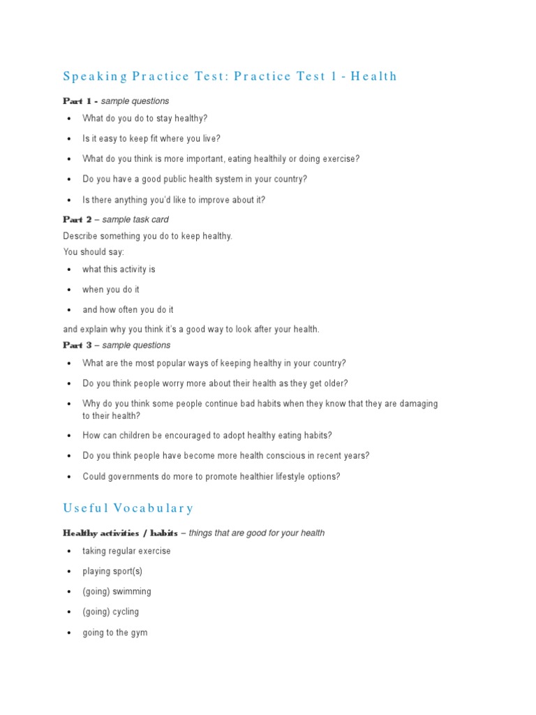 Speaking Practice Test: Practice Test 1 - Health: Part 1 - Sample ...