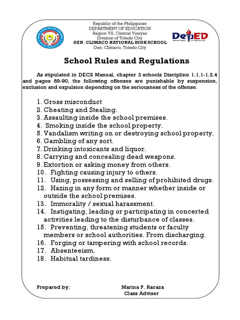 School Rules Regulations | PDF | Misconduct | Justice