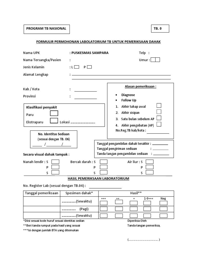 Formulir Permohonan Labolatorium TB Untuk Pemeriksaan Dahak | PDF