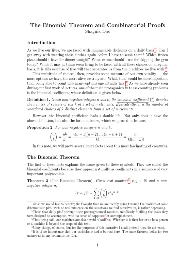 The Binomial Theorem and Combinatorial Proofs: Shagnik Das | PDF ...
