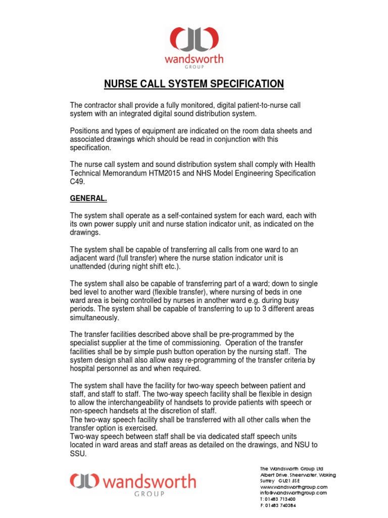 Nurse Call System Specification | PDF | Electrical Connector ...