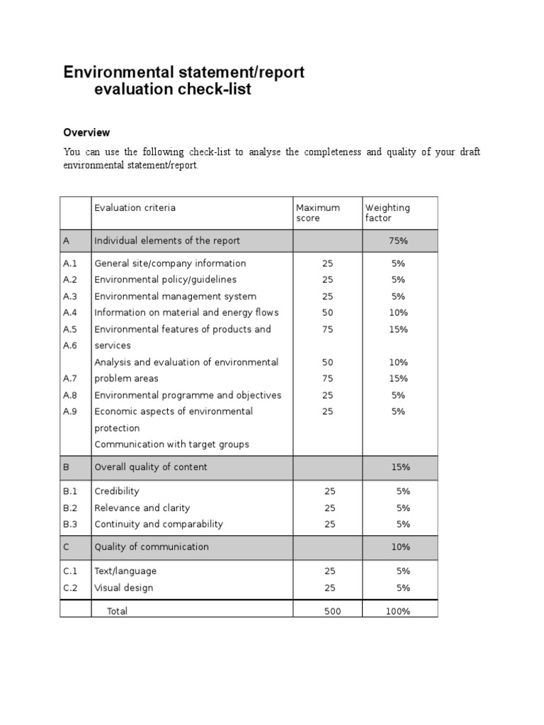 Environmental Statement/report Evaluation Check-List | Download Free ...