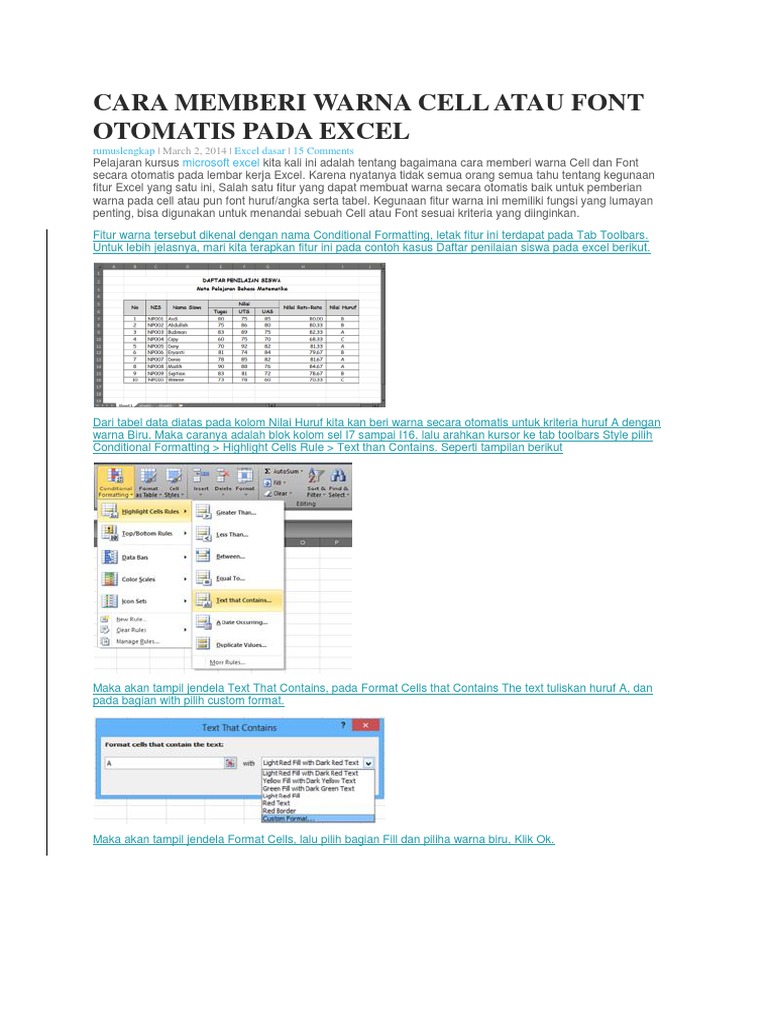 Cara Memberi Warna Cell Atau Font Otomatis Pada Excel | PDF