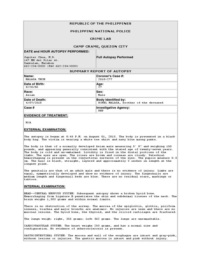 Date and Hour Autopsy Performed: Full Autopsy Performed | PDF | Autopsy ...