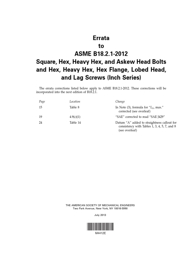 Errata To ASME B18.2.1-2012 Square, Hex, Heavy Hex, and Askew Head ...