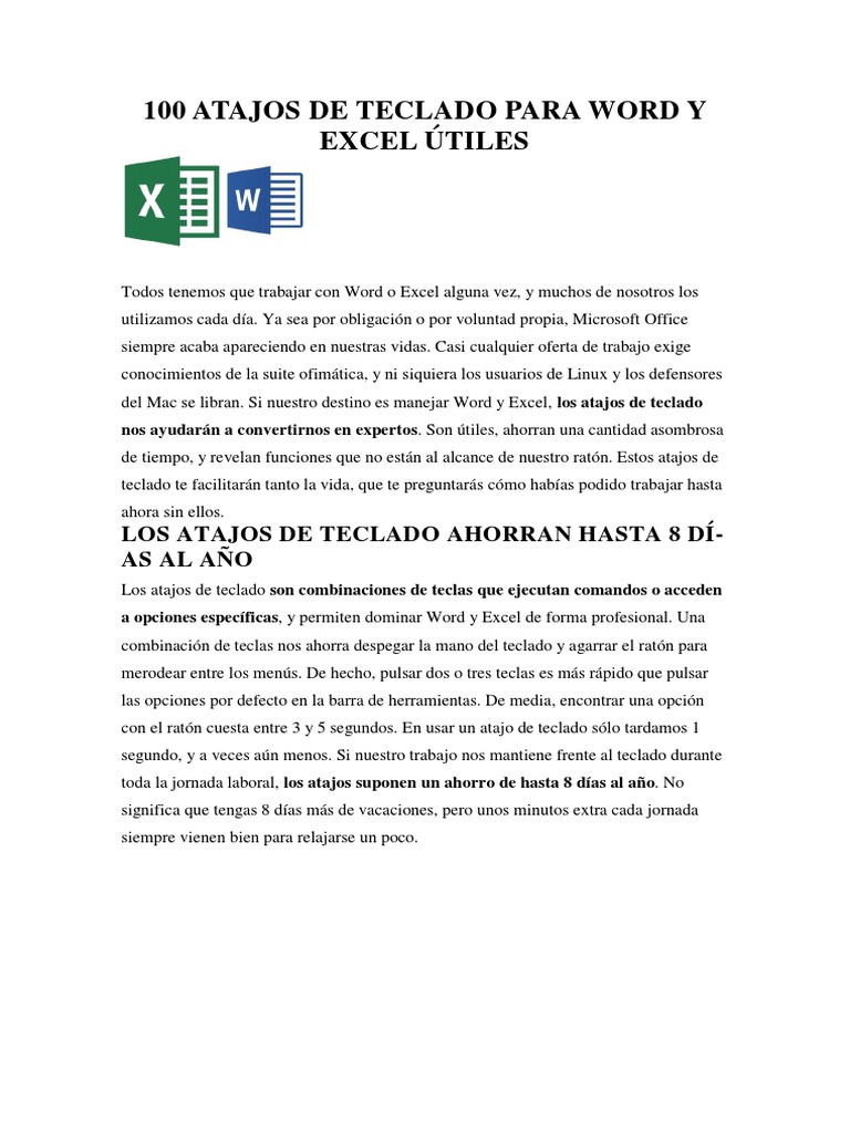100 Atajos de Teclado para Word y Excel Útiles | PDF | Microsoft Excel ...