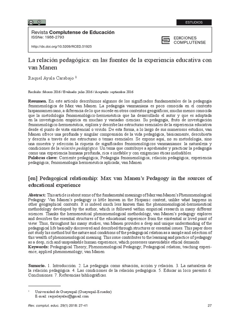 La relación pedagógica en van Manen | PDF | Adultos | Hermenéutica