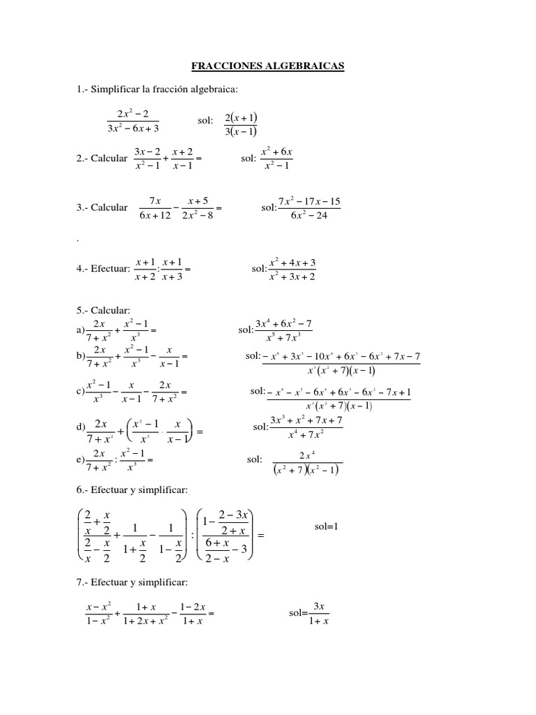 Fracciones Algebraicas: Ejercicios y Soluciones | PDF | Naturaleza