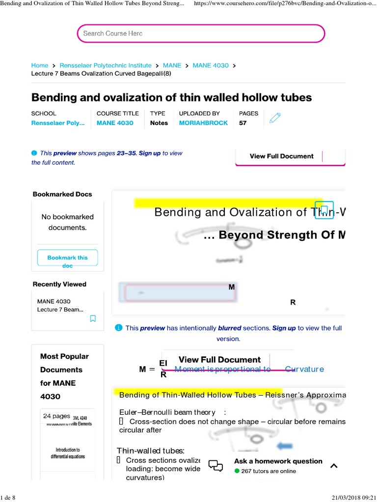 Bending and Ovalization of Thin Walled Hollow Tubes Beyond Strength of ...