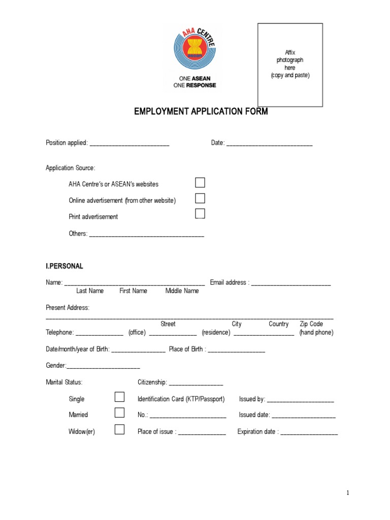 AHA Centre Employment Application Form | PDF | Identity Document ...