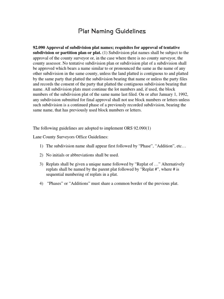 Subdivision Plat Naming Guidelines | PDF