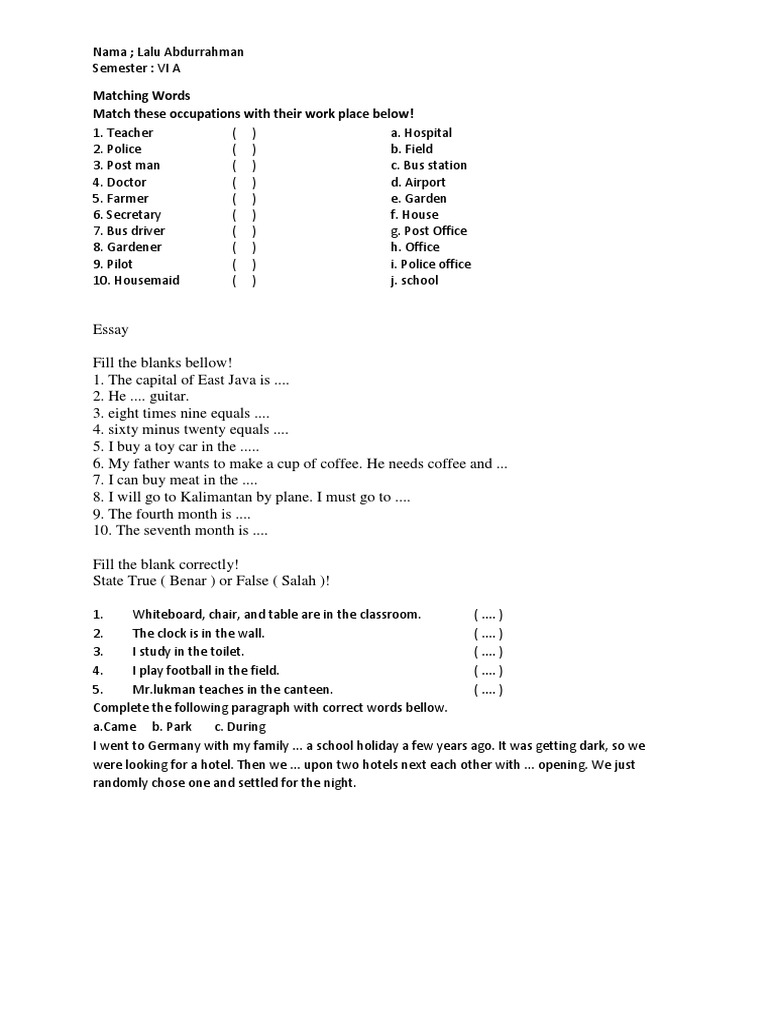 Matching Words Match These Occupations With Their Work Place Below! | PDF