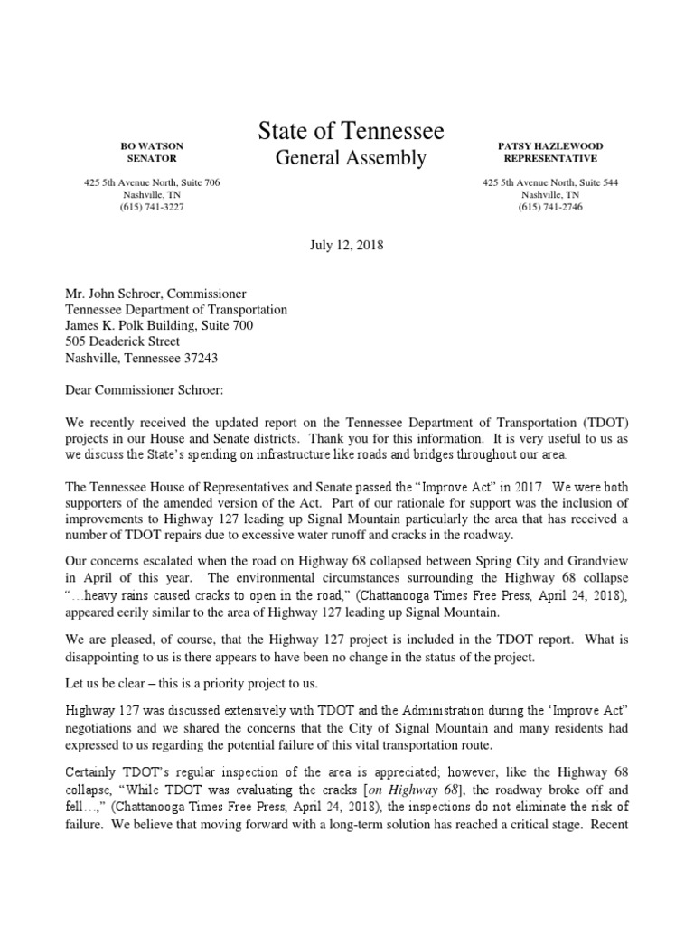 Letter - TDOT Highway 127 - July 12 2018 | PDF | Tennessee | Transport