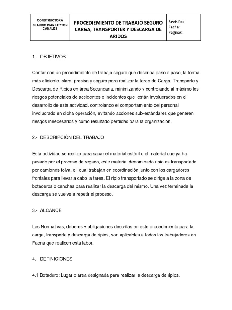 Procedimiento Carga, Transporte y Descarga de Ripio | PDF | Camión ...