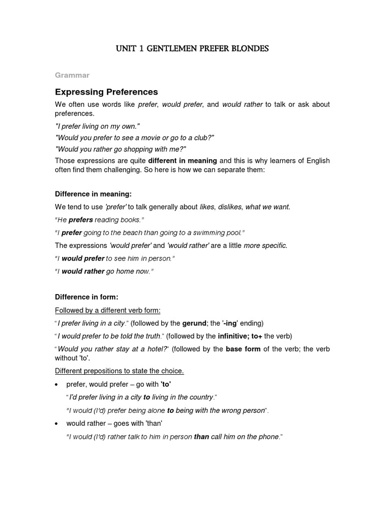 Unit 1 Grammar. Expressing Preferences | PDF