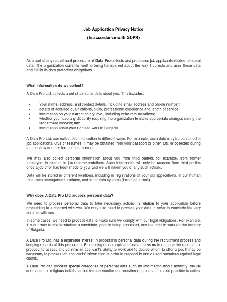 ADP Job Application Privacy Notice GDPR - Final-En | PDF | Personally ...