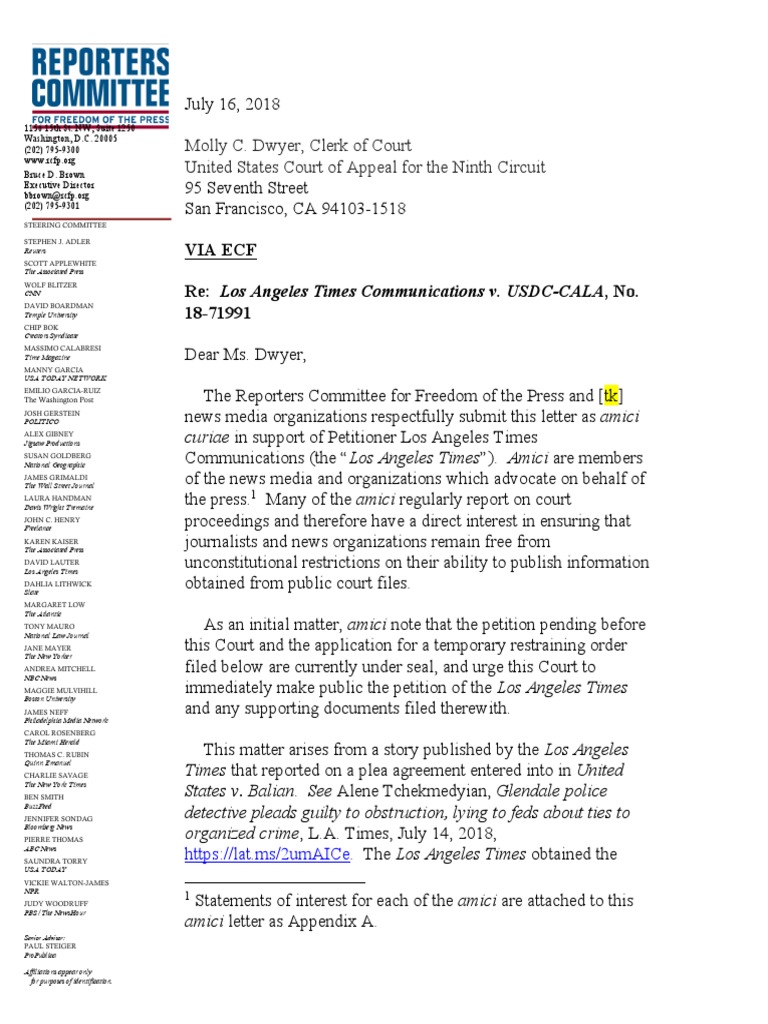 RCFP Amicus DRAFT To Circulate - US v. Balian (LA Times Prior Restraint ...