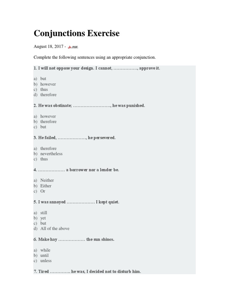 Conjunctions Exercise | PDF