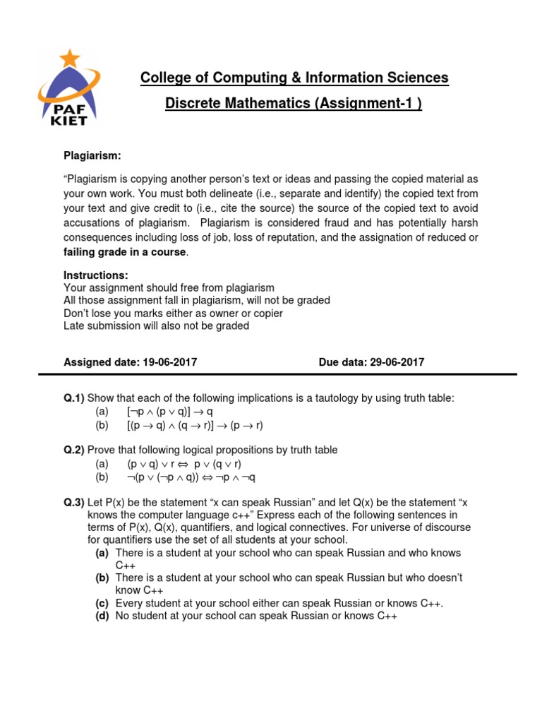 College of Computing & Information Sciences Discrete Mathematics (Assignment-1) | PDF ...