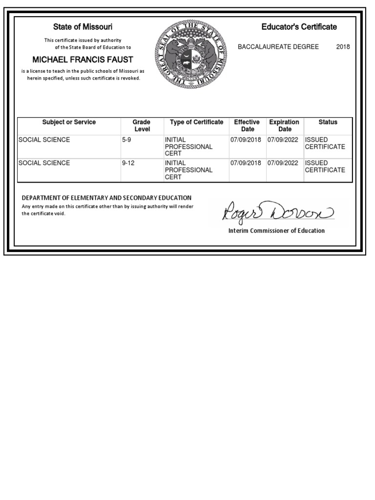 Missouri Teaching License | PDF