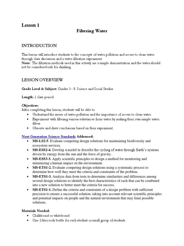 Lesson 1 Filtering Water: Next Generation Science Standards | PDF ...