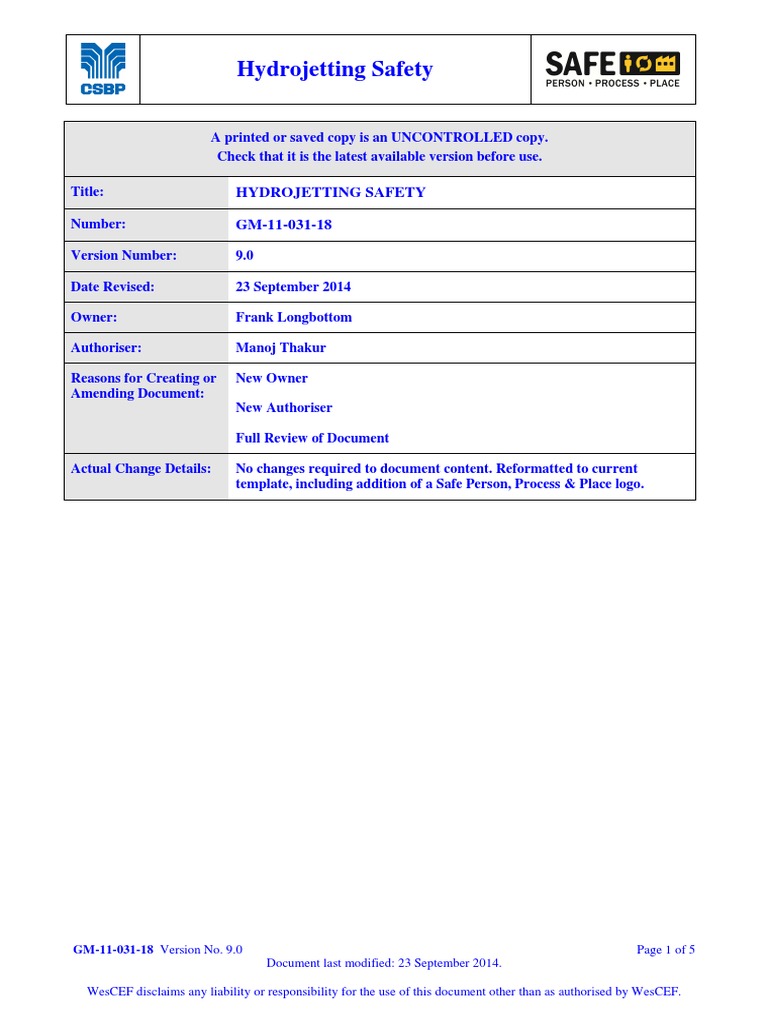 Hydrojetting Safety | PDF | Personal Protective Equipment | Prevention