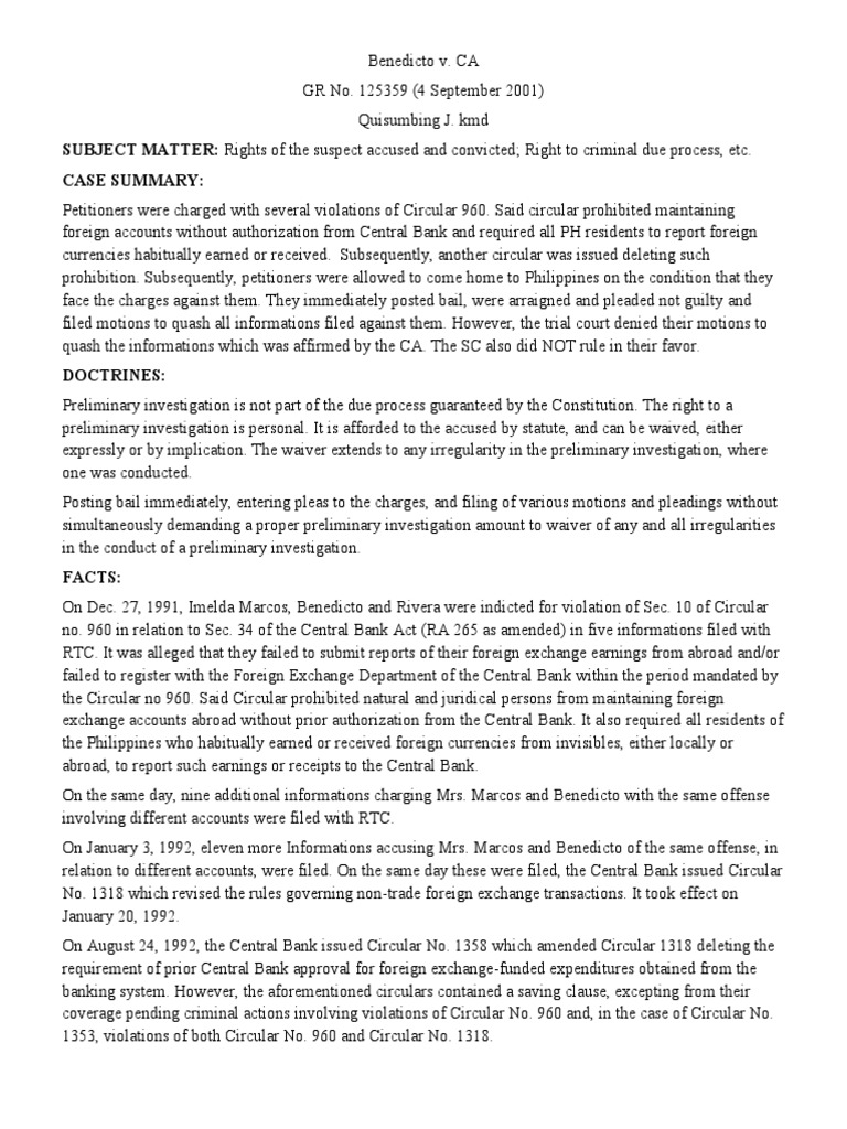 Benedicto v. CA Digest | PDF | Bail | Arraignment