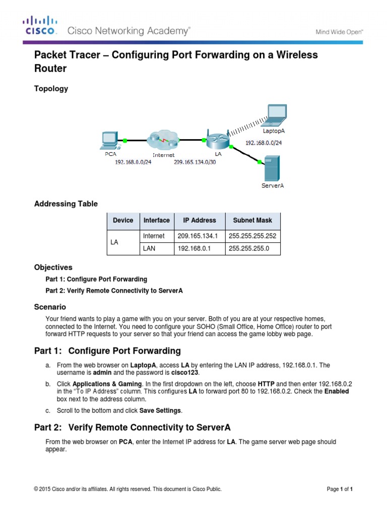 9 2 4 4 Packet Tracer Configuring Port Forwarding On A Wireless Router Pdf