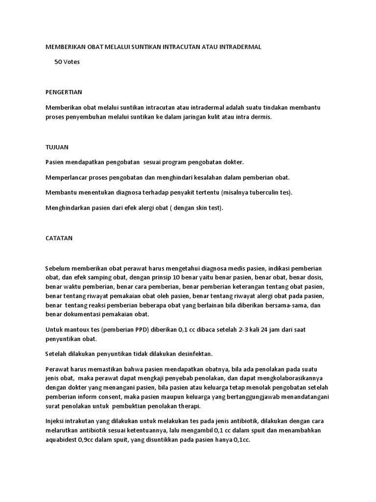 Tujuan Pemberian Obat Melalui Suntikan Intracutan Atau Intradermal ...