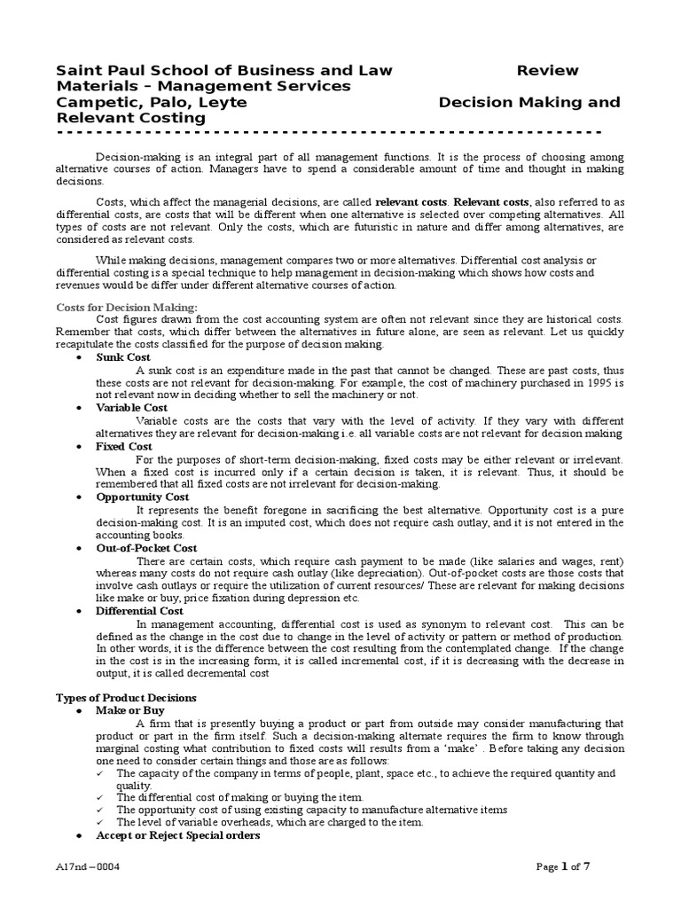 MAS Reviewer Relavant Costing | PDF | Cost | Decision Making