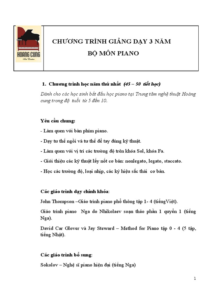 Chuong Trinh Hoc Piano 3 Nam HoangCung Center | PDF