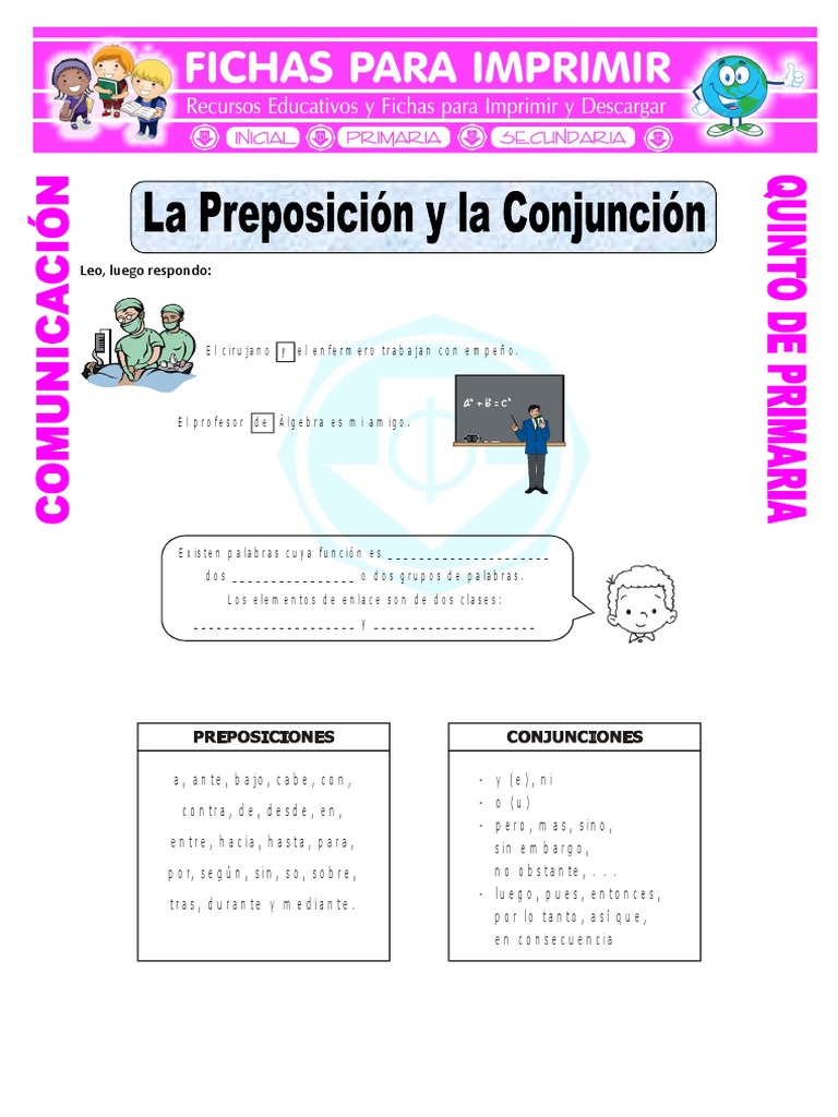 Fichas de Preposiciones y Conjunciones 5° | PDF | Adverbio | Sintaxis