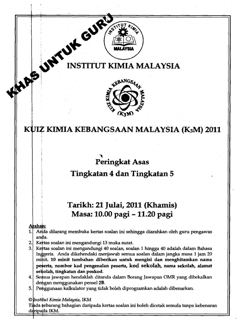 Kuiz Kimia Kebangsaan K3M 2011 PDF | PDF